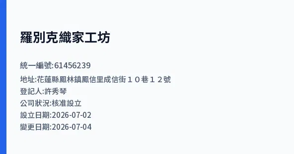 羅別克織家工坊的照片-統編 61456239(花蓮縣) 公司登記資料與營業項目詳細圖表