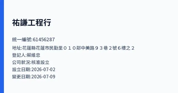 祐謙工程行的照片-統編 61456287(花蓮縣) 公司登記資料與營業項目詳細圖表