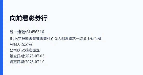 向前看彩券行的照片-統編 61456316(花蓮縣) 公司登記資料與營業項目詳細圖表