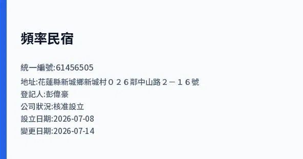 頻率民宿的照片-統編 61456505(花蓮縣) 公司登記資料與營業項目詳細圖表