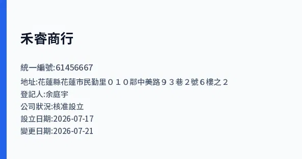 禾睿商行的照片-統編 61456667(花蓮縣) 公司登記資料與營業項目詳細圖表