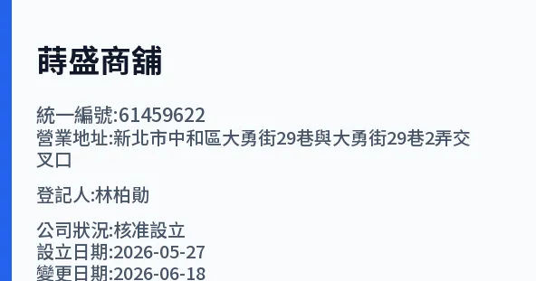 蒔盛商舖的照片-統編 61459622(新北市) 公司登記資料與營業項目詳細圖表