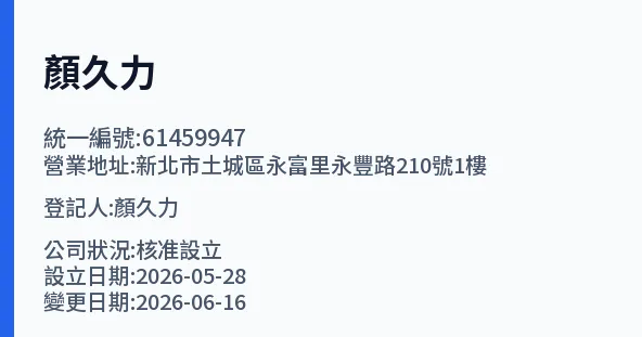 顏久力的照片-統編 61459947(新北市) 公司登記資料與營業項目詳細圖表