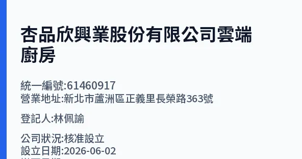 杏品欣興業股份有限公司雲端廚房的照片-統編 61460917(新北市) 公司登記資料與營業項目詳細圖表