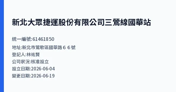新北大眾捷運股份有限公司三鶯線國華站的照片-統編 61461850(新北市) 公司登記資料與營業項目詳細圖表
