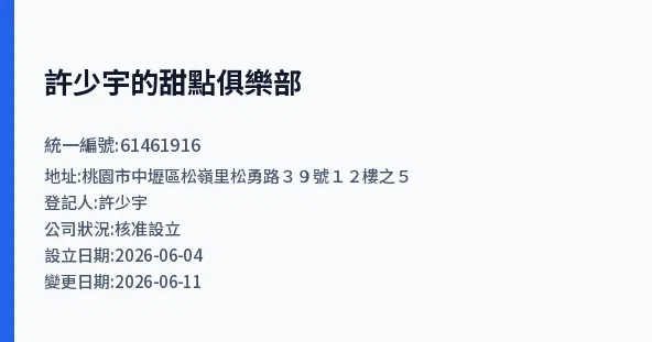 許少宇的甜點俱樂部的照片-統編 61461916(桃園市) 公司登記資料與營業項目詳細圖表