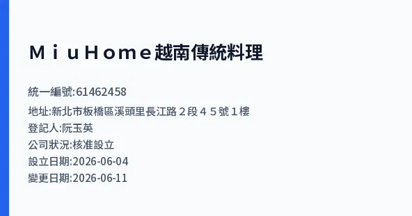 Miu Home越南傳統料理的照片-統編 61462458(新北市) 公司登記資料與營業項目詳細圖表