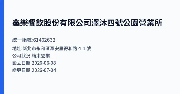 鑫樂餐飲股份有限公司澤沐四號公園營業所的照片-統編 61462632(新北市) 公司登記資料與營業項目詳細圖表
