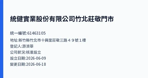 統健實業股份有限公司竹北莊敬門市的照片-統編 61463105(新竹縣) 公司登記資料與營業項目詳細圖表