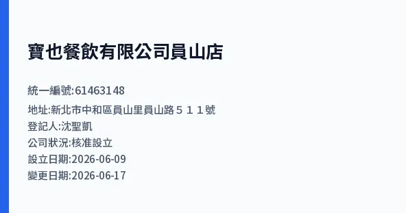 寶也餐飲有限公司員山店的照片-統編 61463148(新北市) 公司登記資料與營業項目詳細圖表