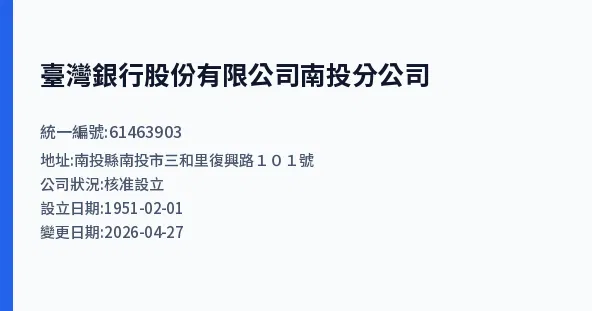 臺灣銀行股份有限公司南投分公司的照片-統編 61463903(南投縣) 公司登記資料與營業項目詳細圖表