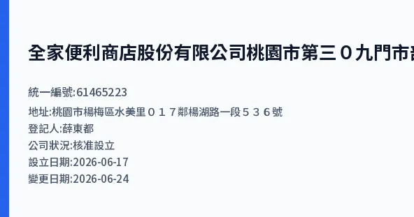 全家便利商店股份有限公司桃園市第三0九門市部的照片-統編 61465223(桃園市) 公司登記資料與營業項目詳細圖表