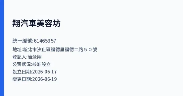 翔汽車美容坊的照片-統編 61465357(新北市) 公司登記資料與營業項目詳細圖表