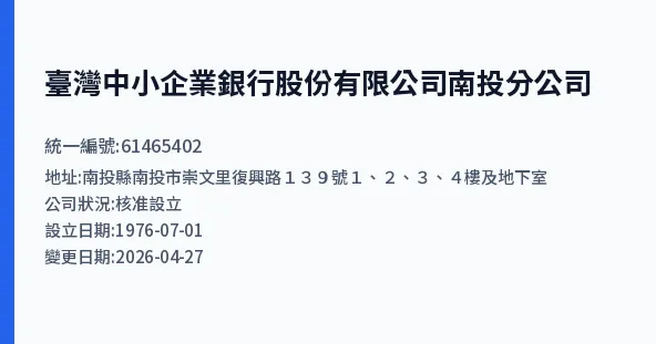 臺灣中小企業銀行股份有限公司南投分公司的照片-統編 61465402(南投縣) 公司登記資料與營業項目詳細圖表