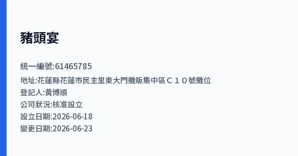 豬頭宴的照片-統編 61465785(花蓮縣) 公司登記資料與營業項目詳細圖表