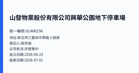 山發物業股份有限公司興華公園地下停車場的照片-統編 61466258(新北市) 公司登記資料與營業項目詳細圖表