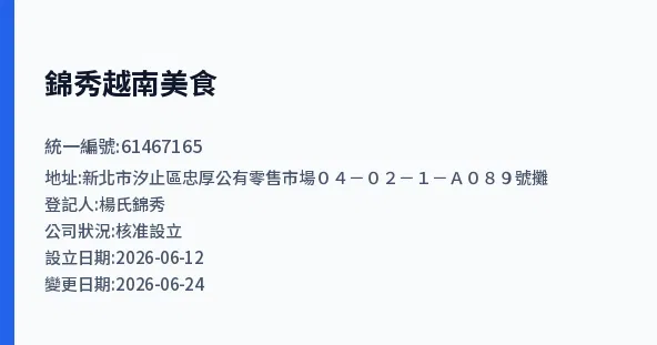 錦秀越南美食的照片-統編 61467165(新北市) 公司登記資料與營業項目詳細圖表