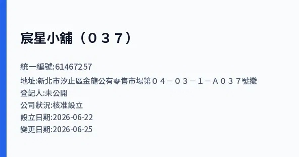 宸星小舖(037)的照片-統編 61467257(新北市) 公司登記資料與營業項目詳細圖表
