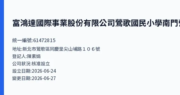 富鴻達國際事業股份有限公司鶯歌國民小學南門營業處的照片-統編 61472815(新北市) 公司登記資料與營業項目詳細圖表