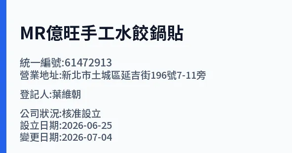 MR億旺手工水餃鍋貼的照片-統編 61472913(新北市) 公司登記資料與營業項目詳細圖表