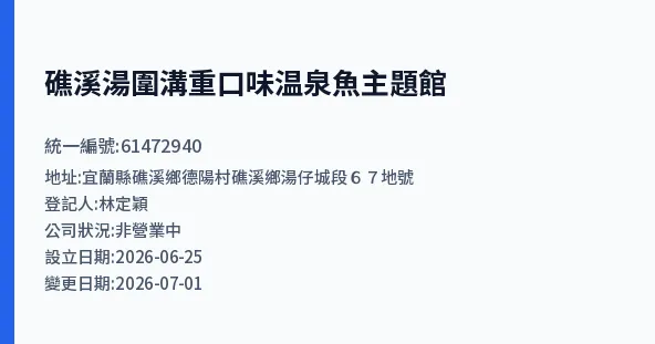 礁溪湯圍溝重口味温泉魚主題館的照片-統編 61472940(宜蘭縣) 公司登記資料與營業項目詳細圖表