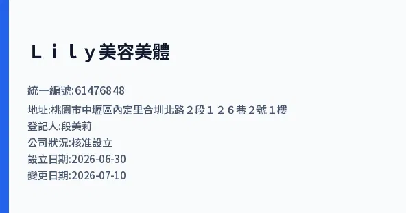 Lily美容美體的照片-統編 61476848(桃園市) 公司登記資料與營業項目詳細圖表