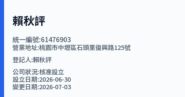賴秋評的照片-統編 61476903(桃園市) 公司登記資料與營業項目詳細圖表