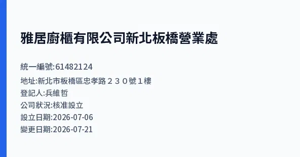 雅居廚櫃有限公司新北板橋營業處的照片-統編 61482124(新北市) 公司登記資料與營業項目詳細圖表