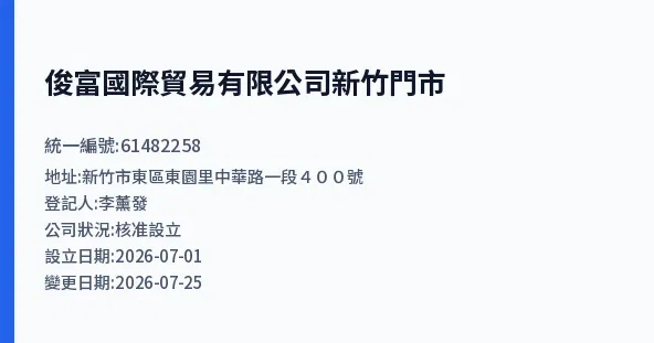 俊富國際貿易有限公司新竹門市的照片-統編 61482258(新竹市) 公司登記資料與營業項目詳細圖表