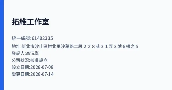 拓維工作室的照片-統編 61482335(新北市) 公司登記資料與營業項目詳細圖表