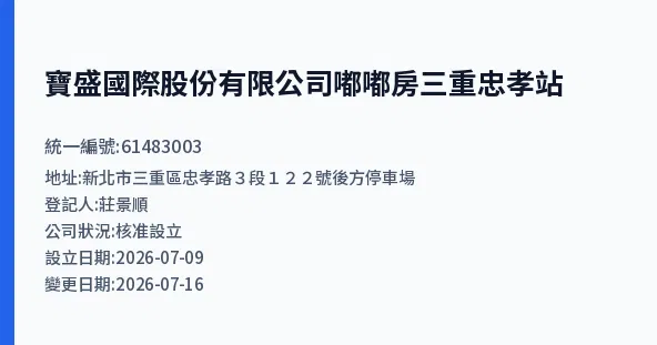 寶盛國際股份有限公司嘟嘟房三重忠孝站的照片-統編 61483003(新北市) 公司登記資料與營業項目詳細圖表