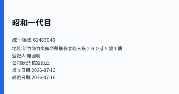 昭和一代目的照片-統編 61483046(新竹縣) 公司登記資料與營業項目詳細圖表