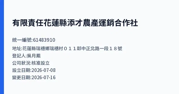有限責任花蓮縣添才農產運銷合作社的照片-統編 61483910(花蓮縣) 公司登記資料與營業項目詳細圖表