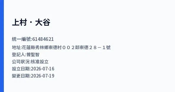 上村.大谷的照片-統編 61484621(花蓮縣) 公司登記資料與營業項目詳細圖表