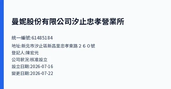 曼妮股份有限公司汐止忠孝營業所的照片-統編 61485184(新北市) 公司登記資料與營業項目詳細圖表