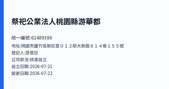 祭祀公業法人桃園縣游華都的照片-統編 61489386(桃園市) 公司登記資料與營業項目詳細圖表