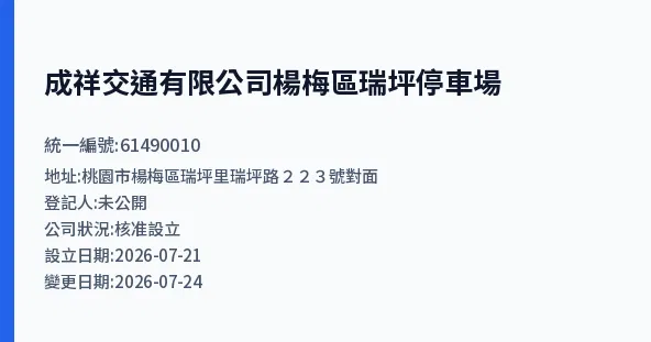 成祥交通有限公司楊梅區瑞坪停車場的照片-統編 61490010(桃園市) 公司登記資料與營業項目詳細圖表