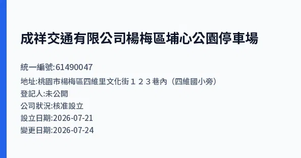 成祥交通有限公司楊梅區埔心公園停車場的照片-統編 61490047(桃園市) 公司登記資料與營業項目詳細圖表