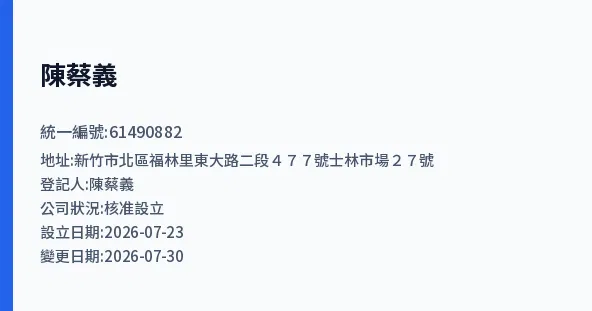 陳蔡義的照片-統編 61490882(新竹市) 公司登記資料與營業項目詳細圖表