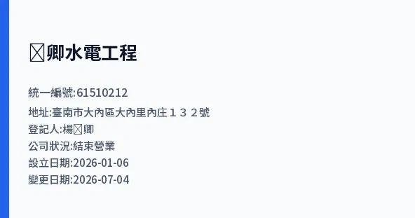 瀶卿水電工程的照片-統編 61510212(臺南市) 公司登記資料與營業項目詳細圖表