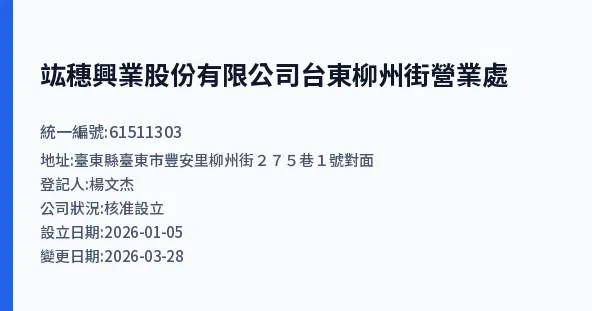 竑穗興業股份有限公司台東柳州街營業處的照片-統編 61511303(臺東縣) 公司登記資料與營業項目詳細圖表