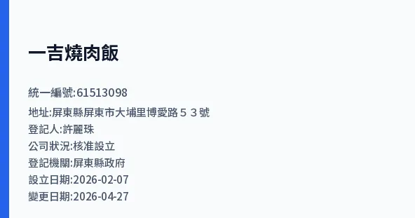 一吉燒肉飯的照片-統編 61513098(屏東縣) 公司登記資料與營業項目詳細圖表