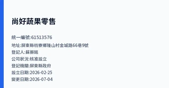 尚好蔬果零售的照片-統編 61513576(屏東縣) 公司登記資料與營業項目詳細圖表