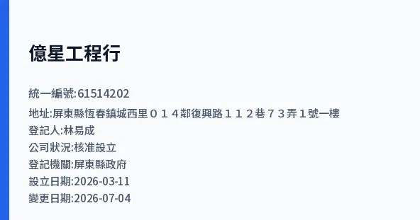億星工程行的照片-統編 61514202(屏東縣) 公司登記資料與營業項目詳細圖表
