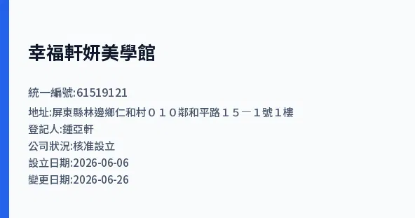 幸福軒妍美學館的照片-統編 61519121(屏東縣) 公司登記資料與營業項目詳細圖表