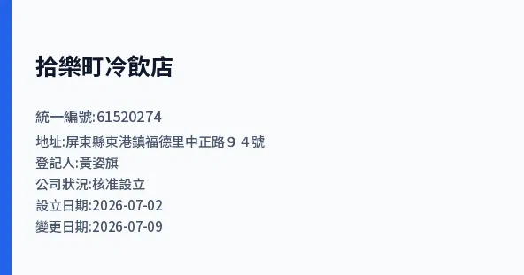 拾樂町冷飲店的照片-統編 61520274(屏東縣) 公司登記資料與營業項目詳細圖表