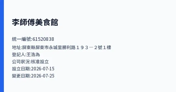 李師傅美食館的照片-統編 61520838(屏東縣) 公司登記資料與營業項目詳細圖表