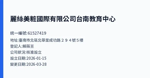 麗絲美粧國際有限公司台南教育中心的照片-統編 61527419(臺南市) 公司登記資料與營業項目詳細圖表