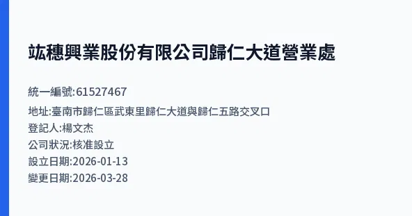 竑穗興業股份有限公司歸仁大道營業處的照片-統編 61527467(臺南市) 公司登記資料與營業項目詳細圖表