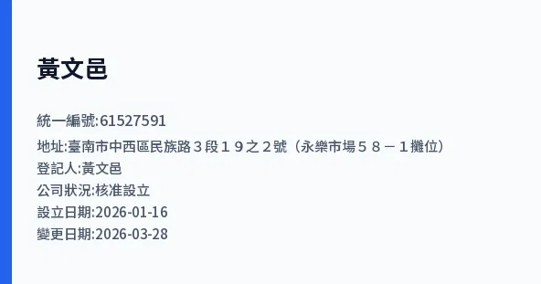 黃文邑的照片-統編 61527591(臺南市) 公司登記資料與營業項目詳細圖表